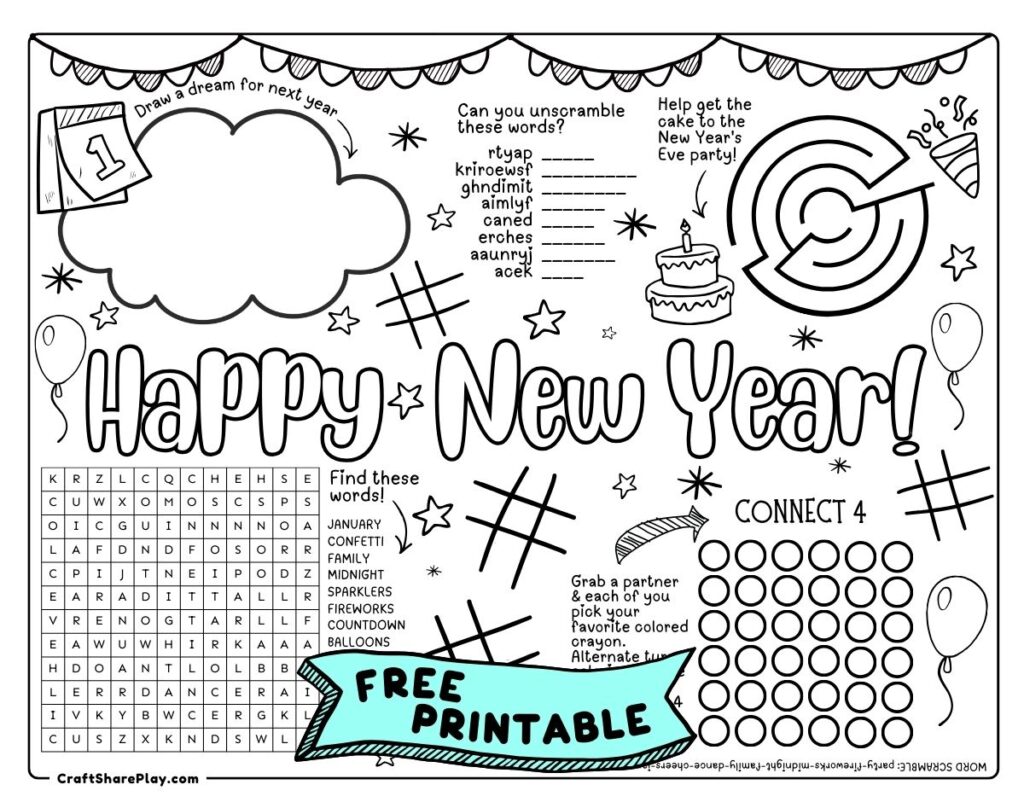 Free New Year's Printable Placemat Activity - Craft · Share · Play