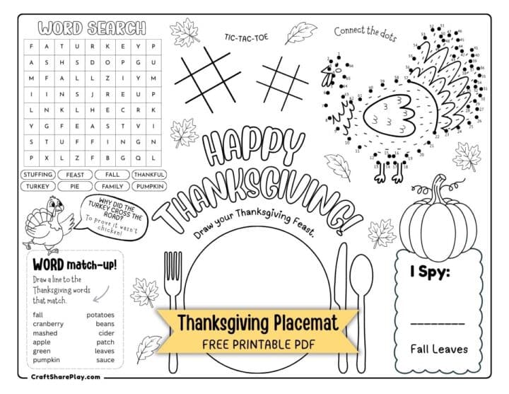 Thanksgiving Placemat Free Printable Pack (3 Pages!) - Craft · Share · Play