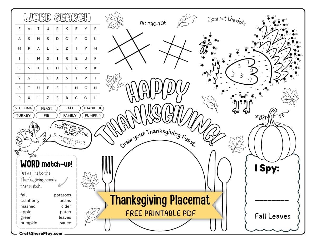 Thanksgiving Placemat Free Printable Pack (3 Pages!) - Craft · Share · Play