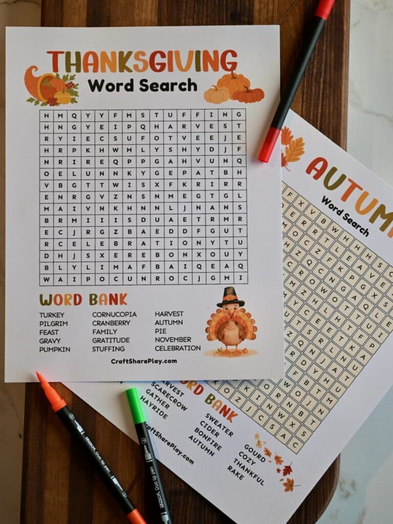 Free Thanksgiving Word Search Printable PDF - Craft · Share · Play