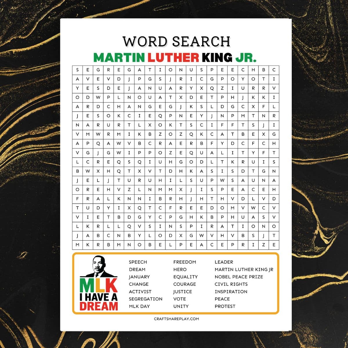 Martin Luther King Word Search: Free Printable - Craft · Share · Play